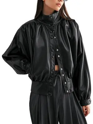 LUVEE Mable Faux Leather Bomber Jacket - Black