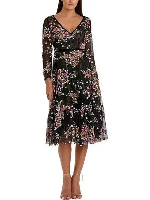 Mac Duggal Floral Embroidered Tea Length Dress - Black Multi