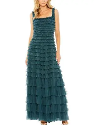 Mac Duggal Textured Mesh Ruffle Gown - Teal