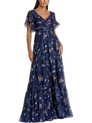 Mac Duggal Flounce Sleeve Floral Maxi Dress - Navy Multi