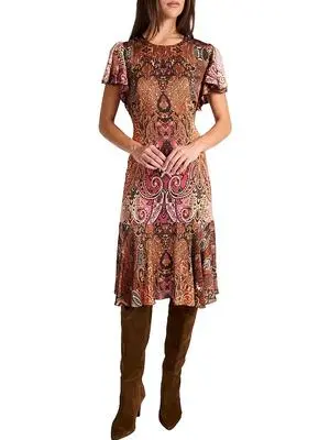 Santorelli Grazia Flutter Sleeve Sheath Dress - Chestnut Multi