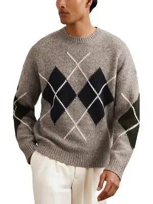 REISS Relaxed Fit Argyle Sweater - Oatmeal