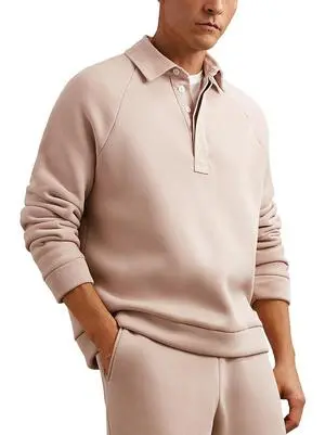 REISS Costello Long Sleeved Jersey Fleeceback Open Collar Polo Sweater - Pink
