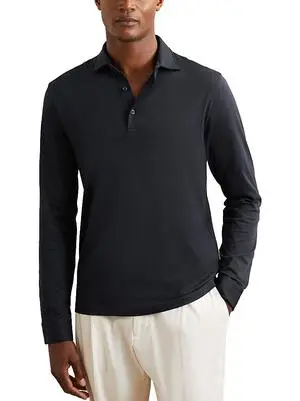 REISS Porofino Long Sleeved Jersey Half Button Polo Shirt Navy