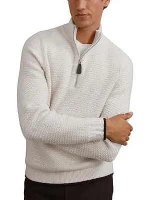 REISS Stockdale Half Zip Textured Sweater - Winter White