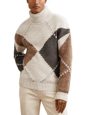 REISS Relaxed Fit Roll Neck Argyle Sweater - Camel Brown