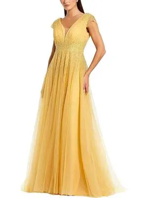Mac Duggal Embellished Tulle V-neck Gown - Gold