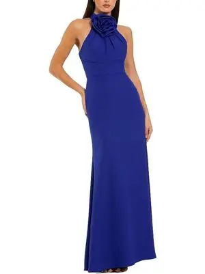 Mac Duggal Flower Halter Neck Crepe Column Gown - Cobalt