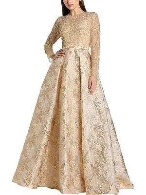 Mac Duggal Long Sleeve Beaded Mesh Brocade Skirt Ballgown - Light Gold