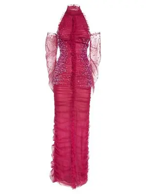 SANDRA MANSOUR Tulle Embellished Amaryllis Gown - Pink
