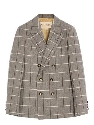 Valentino Garavani Virgin Wool Windowpane Check Double-breasted Blazer - Grey