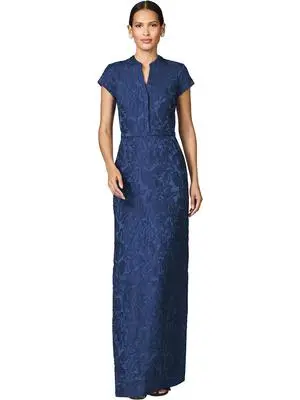 Sachin & Babi Mandarin V-neck Cloque Gown - Midnight