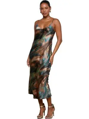 L'Agence Seridie Silk Slip Midi Dress - Teal Multi Mix Feather