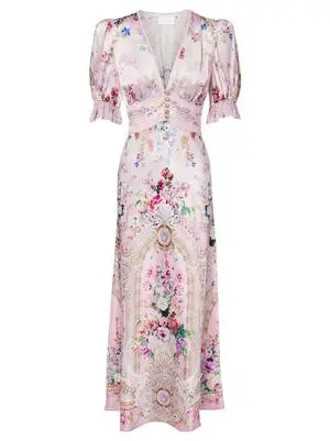 Camilla Lace-trimmed Printed Silk Midi Dress - Pink