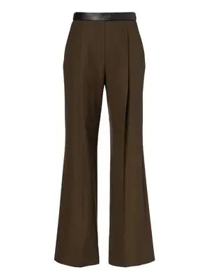 Loewe Leather-trimmed Pleated Wool Flared Pants - Green