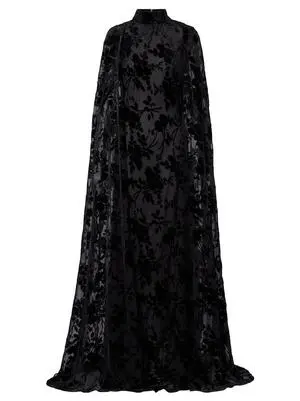 RODARTE Caped Floral Velvet Devoré Gown - Black