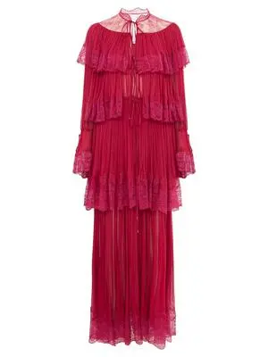 Chloé Long Ruffled Dress With Lace Inserts - Garnet Pink