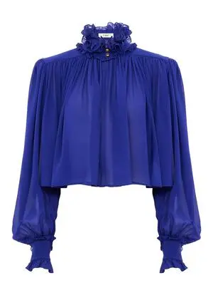 Chloé Gathered High-neck Georgette Top - Fresh Indigo