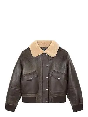 The Kooples Short Leather Jacket With Shearling Collar - Brown