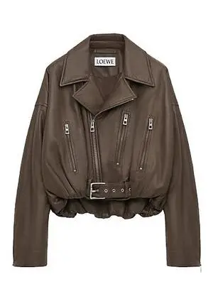Loewe Zipped Leather Biker Jacket - Khaki Green