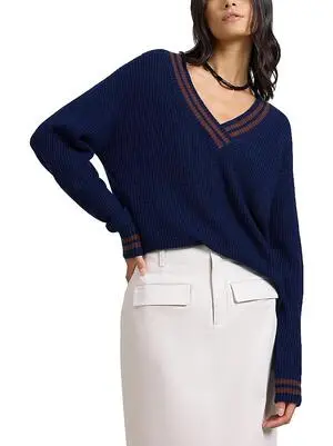 Onia Deep V-neck Varsity Pullover Sweater - Noir Navy/chestnut
