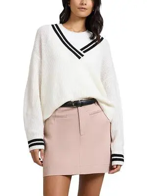 Onia Deep V-neck Varsity Pullover Sweater - Off White/black