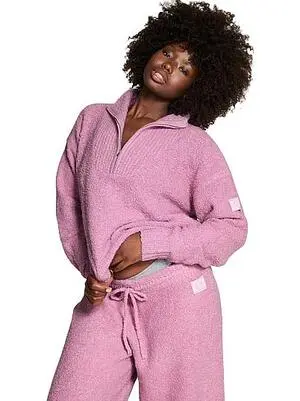 Pink Cozy Bouclé Half-Zip Pullover Purple