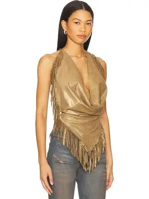 UNDERSTATED LEATHER Shimmery Fringe Halter Top - Gold