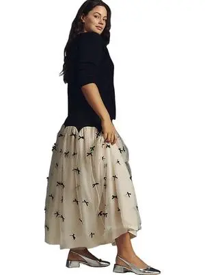 NEVER FULLY DRESSED Monika Bow Maxi Skirt - Cream Black Bows