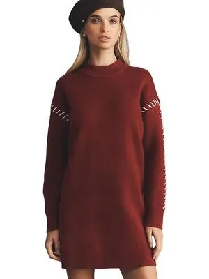 English Factory Long-sleeve Mock-neck Sweater Mini Dress - Wine