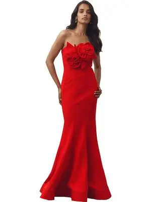 Mac Duggal Floral Strapless Mermaid Gown - Red