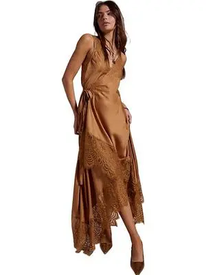NIGEL PRESTON Soho Wrap Midi Dress Caramel Brown