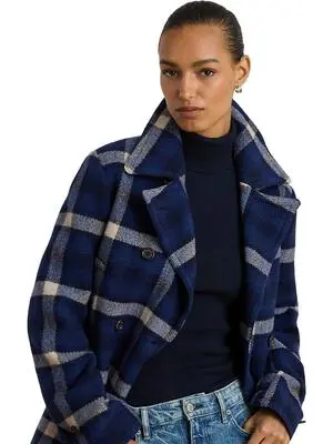 Ralph Lauren Plaid Tweed Double-breasted Coat - Blue/cream Multi