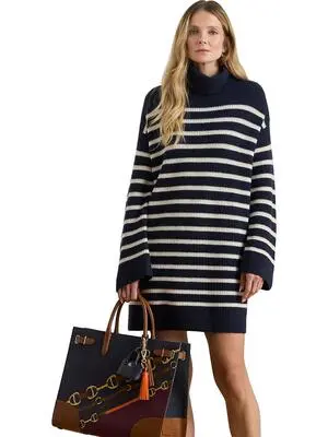 Ralph Lauren Striped Wool-cashmere Turtleneck Dress - Lauren Navy/cream
