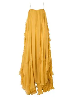 Chloé Asymmetric Embellished Ruffled Organic Silk-crepon Gown - Yellow