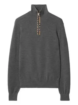 Burberry Check Trim Wool Half-zip Sweater - Grey
