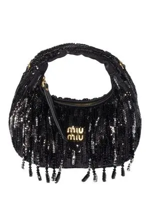Miu Miu Wander Mini-bag With Crystal And Sequin Fringe - Black