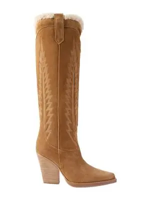 Paris Texas El Dorado Embroidered Shearling-lined Suede Knee Boots - Yellow