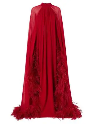 TALLER MARMO Eterea Cape-effect Feather-trimmed Chiffon Gown - Red