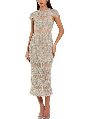 Mac Duggal Beaded Mesh Fitted Midi Dress - Ivory Nude