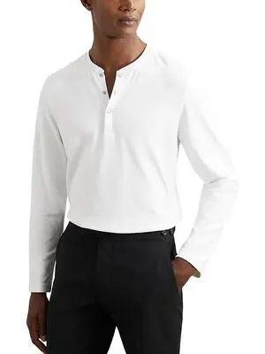 REISS Carmello Long Sleeved Texture Grandad Polo - White