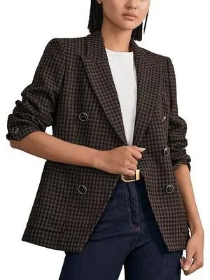 REISS Ayla Double Breasted Check Jacket - Brown Check