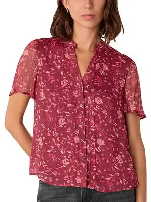 Whistles Ditsy Floral Split Neck Blouse - Burgundy/multi