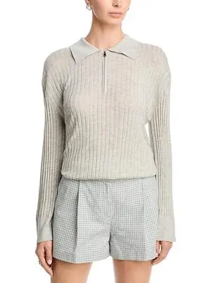Brandon Maxwell Sabine Silk & Cashmere Zippered Polo Top - Light Heather Grey