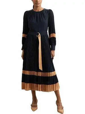 REISS Color Blocked Pleated Dress - Navy/camel