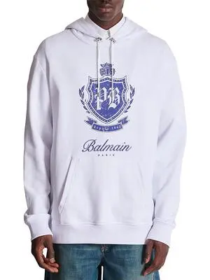 Balmain College Emblem Logo Graphic Hoodie - White/blue
