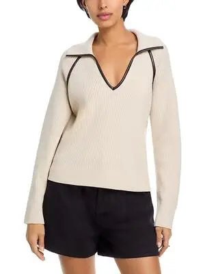 Rag & Bone Caterina Faux Leather Trim Polo Sweater - Ivory