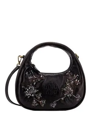 Miu Miu Wander Leather Mini Crossbody Bag With Embroidery - Black