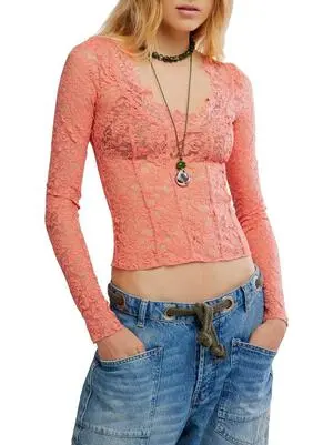 Free People All Night Long Lace Top - Coral Crimson