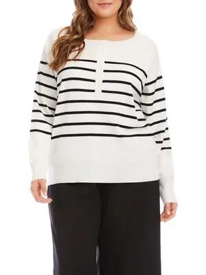 Karen Kane Striped Henley Sweater - Off White/black